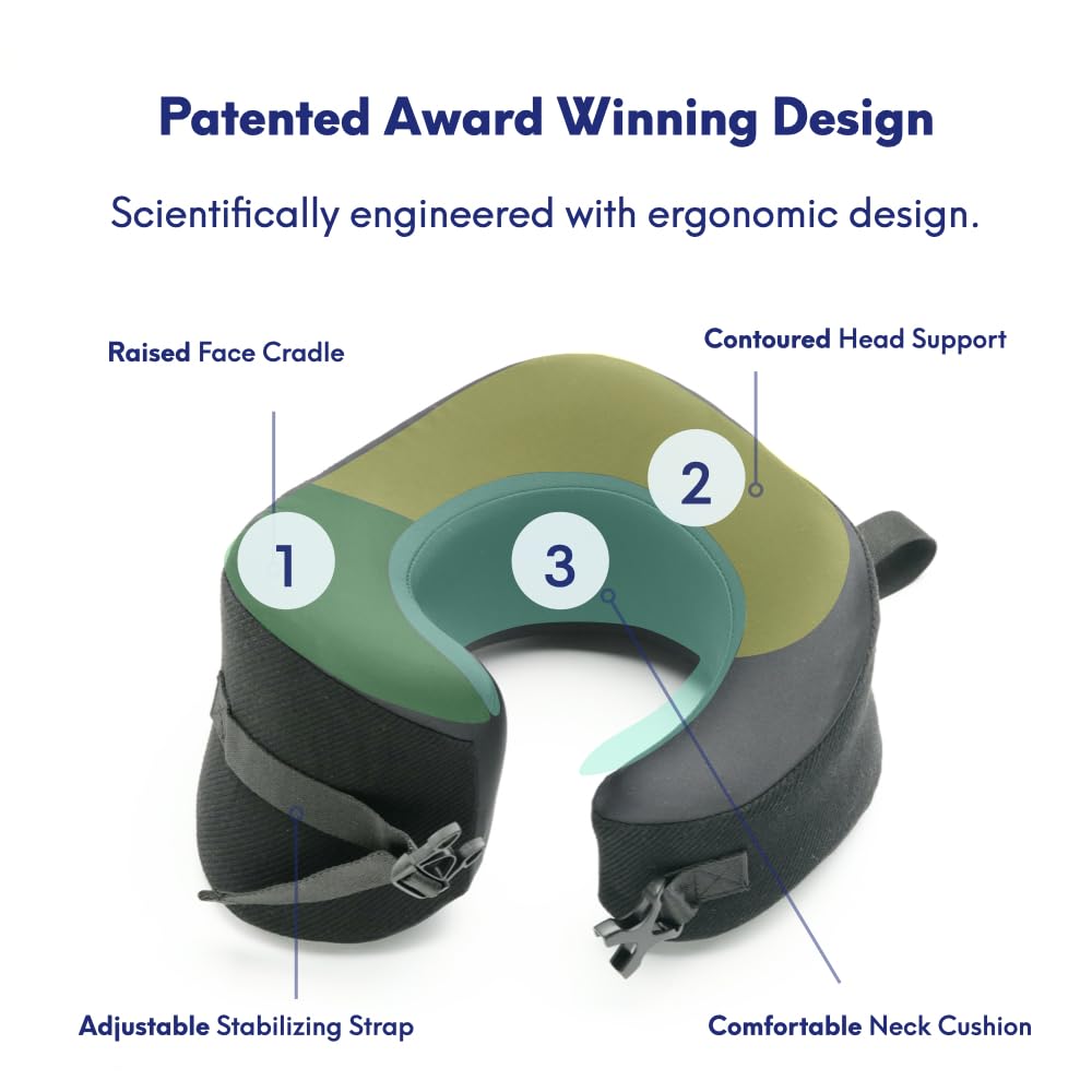 C CUSHION LAB Extra Support Travel Pillow, Award-Winning Patented Ergonomic Design for Chin & Neck Support Memory Foam Neck Pillow, Compact Airplane Pillow for Traveling, Flight, Car (Black, Large)