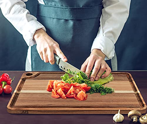 AZRHOM Large Wood Cutting Board for Kitchen 18x12 with Juice Groove Handle Non-slip Mats Hanging Hole for Meat Vegetables Cheese Chopping Board Butcher Block (Acacia)