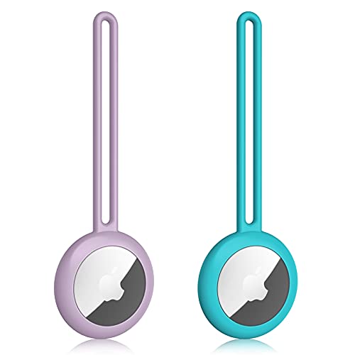 [2 Pack] Fintie Silicone Case for AirTag Tracker, Lightweight Protective Skin Cover Portable Anti-Lost Scratch Resistant Holder Compatible with Airtags 2021 Finder for Wallet Keys Pets, Purple + Blue