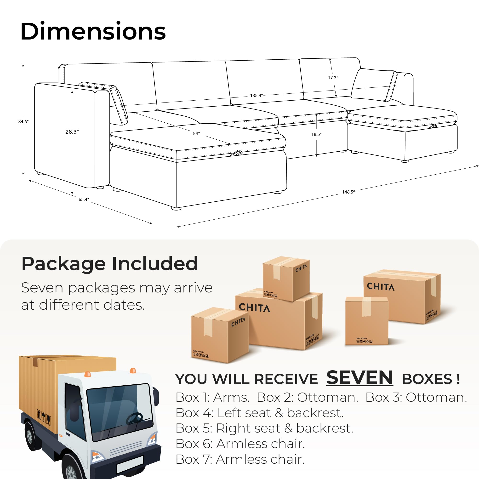 CHITA Oversized Modular Sectional Fabric Sofa Set, Extra Large U Shaped Couch with Reversible Chaise, 146 inch Width, 6 Seat Modular Sofa with Storage Ottamans, Grey