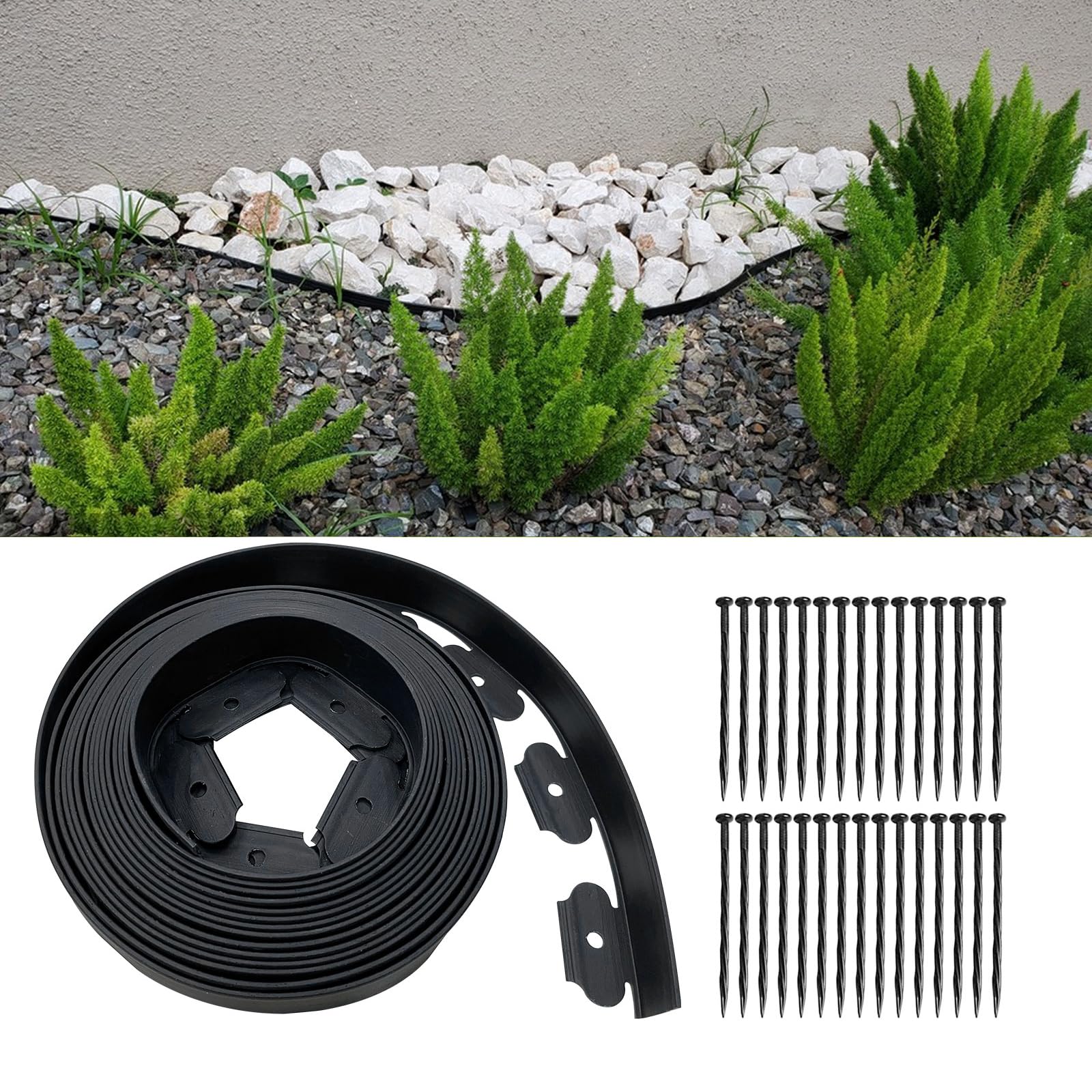 Garden Edging Border 33ft, 2in Tall Plastic Straight Top Lawn Edging No-Dig Landscaping Edging Kit with 30pcs Spikes for Paver Edging, Grass Edging, Flower Beds, Yard, Black