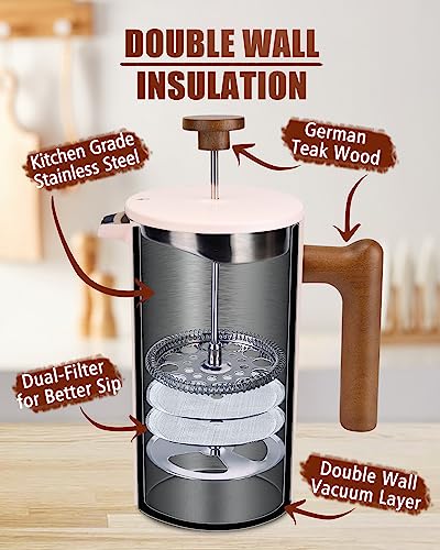 POLIVIAR French Press Coffee Maker, 34 Ounce Coffee Press with Real Wood Handle, Double Wall Insulation & Dual- Filter Screen, Food Grade Stainless Steel for Good Coffee and Tea JX2020-FPP