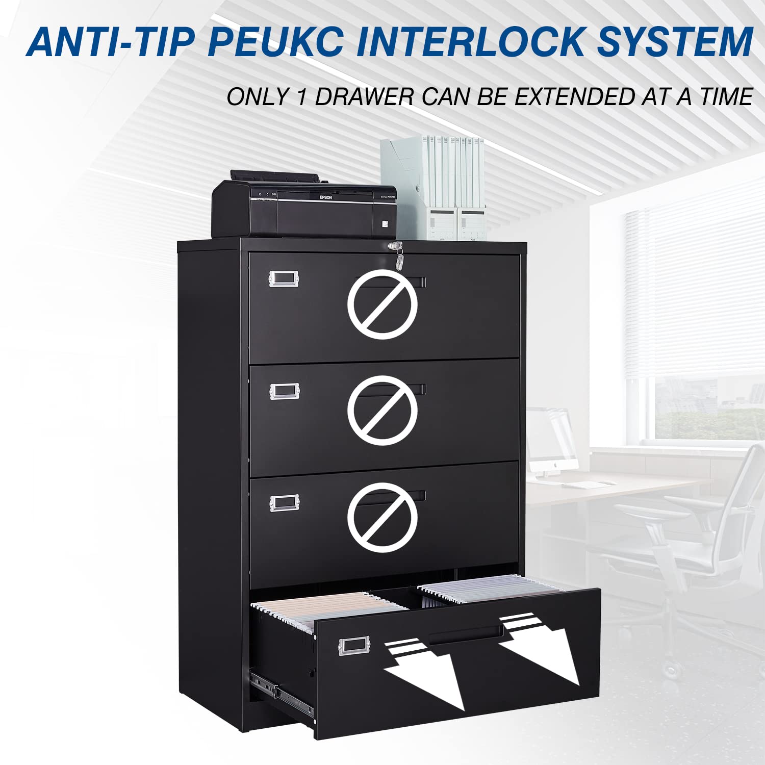 PEUKC 4 Drawer File Cabinet, Lateral Filing Cabinets for Home Office, Office Storage Drawers with Lock, Hanging Files Legal/Letter A4 Size (Assemble Required,Black)