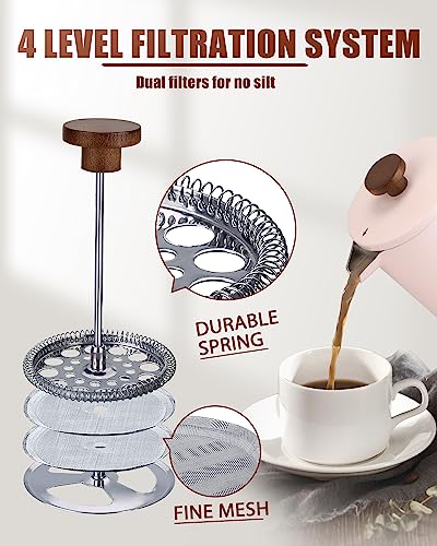 POLIVIAR French Press Coffee Maker, 34 Ounce Coffee Press with Real Wood Handle, Double Wall Insulation & Dual- Filter Screen, Food Grade Stainless Steel for Good Coffee and Tea JX2020-FPP