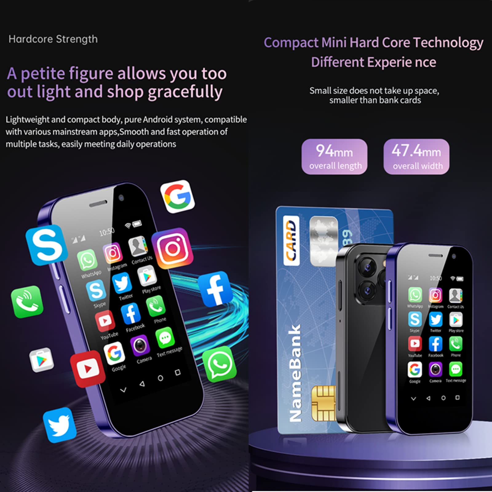 XS14Pro Mini 4G Smartphone 3.0 Inch Quad Core Dual Sim Ultra Thin Unlocked Card Mobile Phone WiFi Bluetooth Hotspot Student Pocket Cellphone Global Version(RAM 3GB+ROM 64GB, Black)