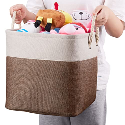 i BKGOO 3Pack Large Foldable Storage Bins,Collapsible Sturdy Cationic Fabric Organizing Storage Basket Cube with Cotton Handles for Home Office Shelf Clothes Toys Beige-Brown 13×13×13 inch