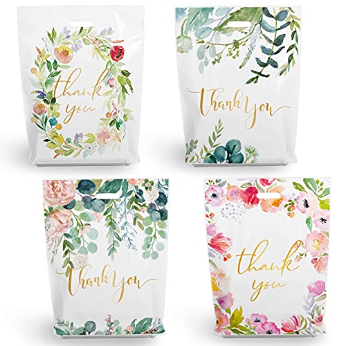 Whaline 48 Pack Thank You Bag with Die Cut Handle 4 Design Floral Theme Plastic Boutique Bags 12 x 16 Inch Bulk Thank You Gift Bags for Wedding Birthday Baby Shower Party Favors Shopping Retail