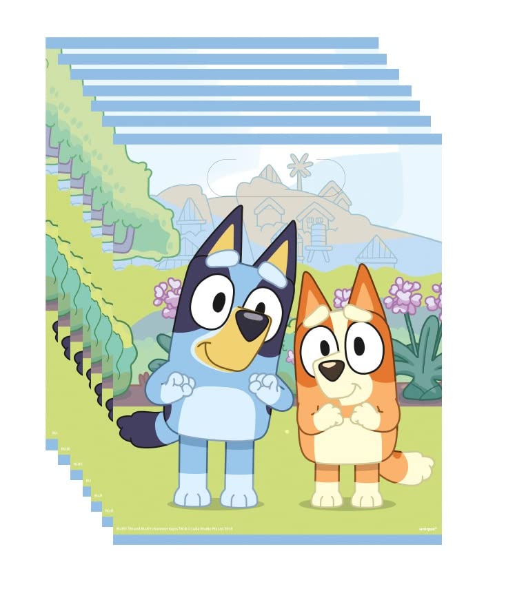Esave Bluey Birthday Party Supplies Favor Bundle Pack includes 8 Plastic Loot Bags, 8 Bluey Sticker Sheets with 184 Stickers and 1 Dinosaur Sticker Sheet