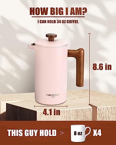 POLIVIAR French Press Coffee Maker, 34 Ounce Coffee Press with Real Wood Handle, Double Wall Insulation & Dual- Filter Screen, Food Grade Stainless Steel for Good Coffee and Tea JX2020-FPP