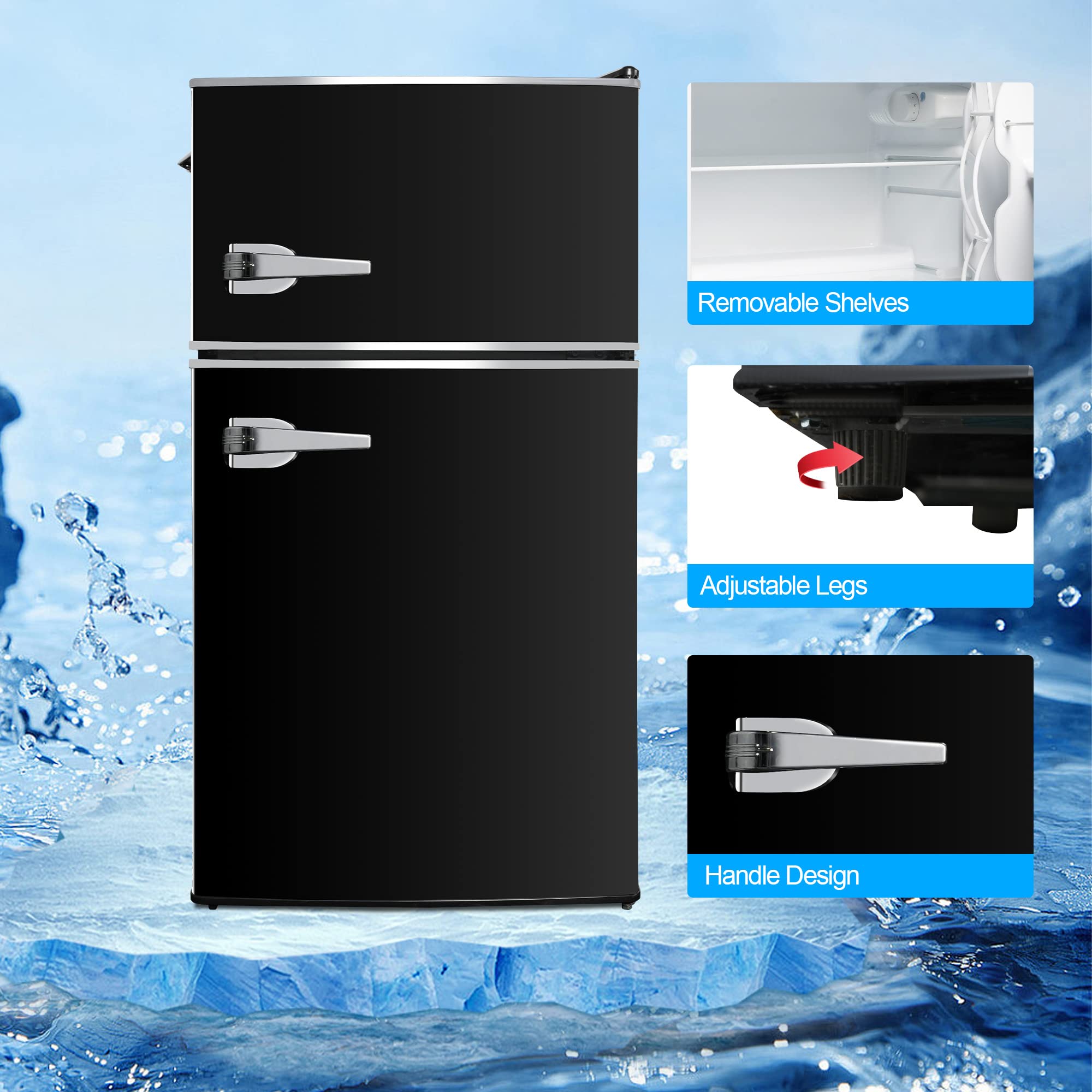 E-Macht 3.2 Cu.Ft Small Refrigerator with Freezer, 2 Door Black Mini Fridge, Energy Saving, Adjustable Thermostat Control, Adjustable Legs, Perfect for Apartment/Office/Dorm/Garage