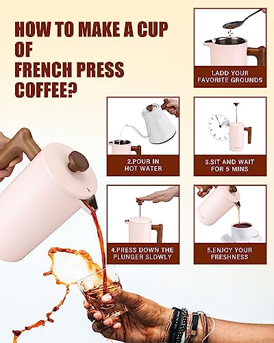 POLIVIAR French Press Coffee Maker, 34 Ounce Coffee Press with Real Wood Handle, Double Wall Insulation & Dual- Filter Screen, Food Grade Stainless Steel for Good Coffee and Tea JX2020-FPP