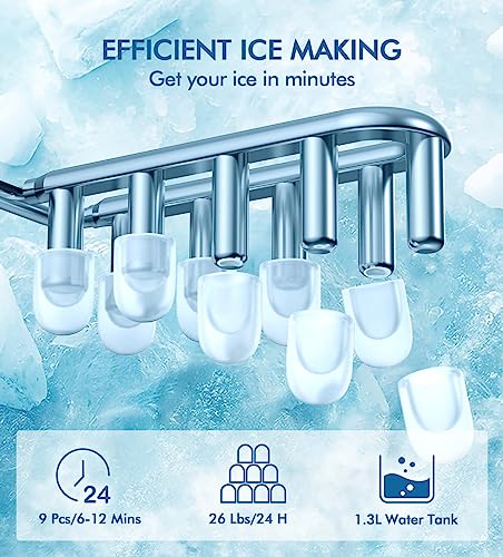 Ice Maker Countertop - Portable Ice Machine Makes 26 lbs of Ice in 24 Hours, 9 Ice Cubes in 6 Minutes, Self-Cleaning - Compact Nugget Ice Maker with Scoop and Basket for Home, Kitchen, and RV (Silver)