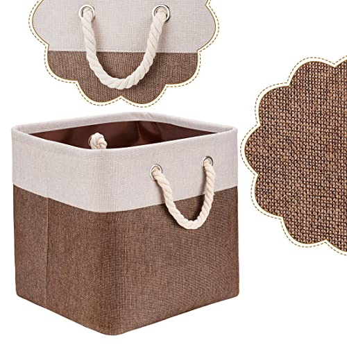 i BKGOO 3Pack Large Foldable Storage Bins,Collapsible Sturdy Cationic Fabric Organizing Storage Basket Cube with Cotton Handles for Home Office Shelf Clothes Toys Beige-Brown 13×13×13 inch