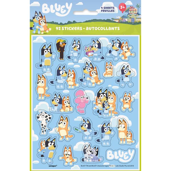 Esave Bluey Birthday Party Supplies Favor Bundle Pack includes 8 Plastic Loot Bags, 8 Bluey Sticker Sheets with 184 Stickers and 1 Dinosaur Sticker Sheet