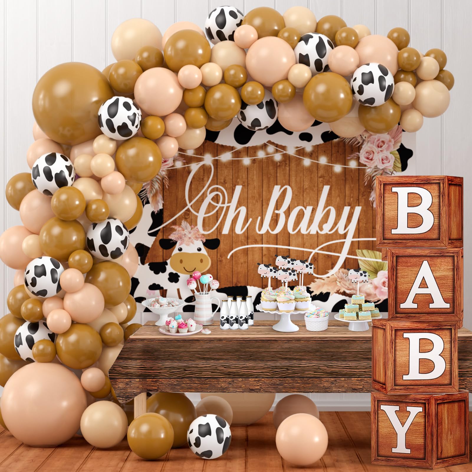 Winrayk 141Pcs Cow Baby Shower Decorations for Boy Girl Cow Birthday Party Decorations Supplies Cow Print Balloon Arch Baby Boxes with Letters Oh Baby Backdrop Farm Holy Cow Im One Birthday Decoration