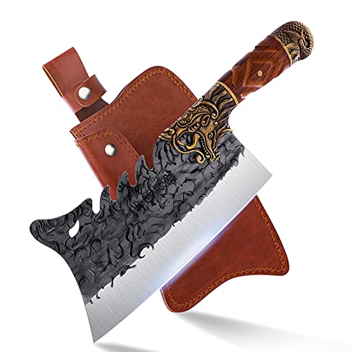 ROCOCO Cleaver Knife Meat Cutting Heavy Duty 8.6" Large Hand Forged Chinese Bone Vegetable Dragon Butcher Chopper Viking Cutter for Kitchen Outdoor with Sheath Father's Mother's Day Birthday Gift Men