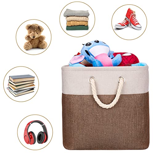 i BKGOO 3Pack Large Foldable Storage Bins,Collapsible Sturdy Cationic Fabric Organizing Storage Basket Cube with Cotton Handles for Home Office Shelf Clothes Toys Beige-Brown 13×13×13 inch