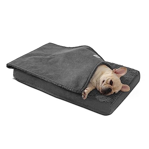 Furated Original Dog Beds for Medium Dogs, Orthopedic Dog Bed with Blanket Attached, Egg-Crate Foam Pet Bed with Removable Washable Cover and Waterproof Liner, Iron Gray, M