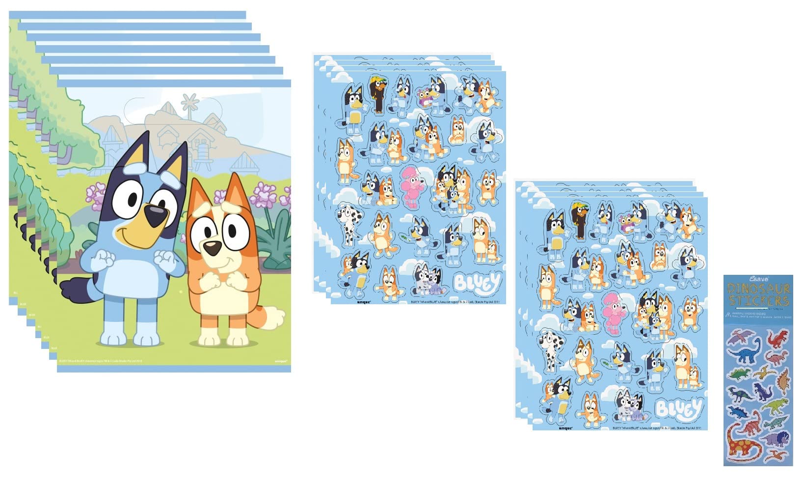 Esave Bluey Birthday Party Supplies Favor Bundle Pack includes 8 Plastic Loot Bags, 8 Bluey Sticker Sheets with 184 Stickers and 1 Dinosaur Sticker Sheet