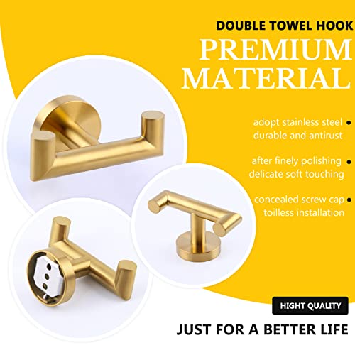 APLusee Double Robe Towel Hook, 304 Stainless Steel Dual Coat Hook Hanger, Utility Bathroom Toliet Kitchen Storage Holder Gorgeous Style, Brushed Goldā¦