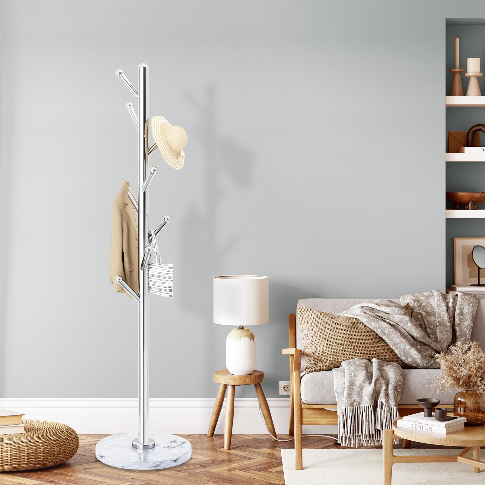 ZOZOE Metal Coat Rack Freestanding, Solid 201 Stainless Steel Coat Rack Stand, Modern Coat Racks with Natural Marble Base, Coat Tree Hanger Stand for Jacket, Bag, Entryway, Office