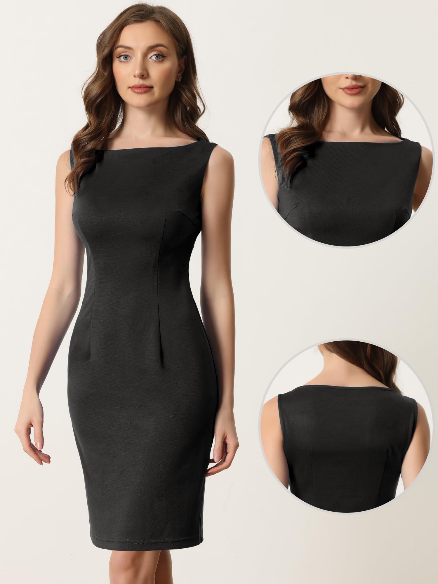 Allegra K Sleeveless Sheath Dress for Women's 2024 Boat Neck Teacher Casual Office Dresses X-Large Black