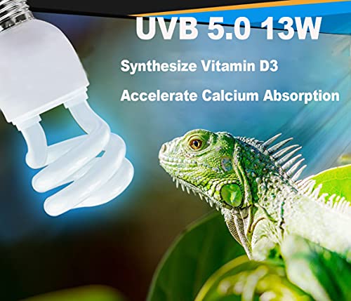 PTCCTV UVB Reptile Light Bulb 5.0 Turtle Lamp Energy Saving Compact Fluorescent Bulbs for Tropical Rainforest Amphibians Pet aquarium Fish Lizard Snake,E27 Screw (UVB5.0 13W)