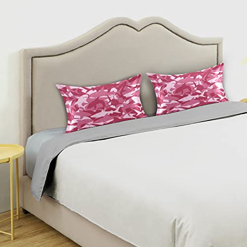 Sharks Camo Pink Pillow Covers Silk Pillowcase for Hair and Skin Soft Smooth Breathable Cooling Satin Pillowcase Standard Size Pillow Case for Bedroom Bed Sleeping (20x30 Inch)