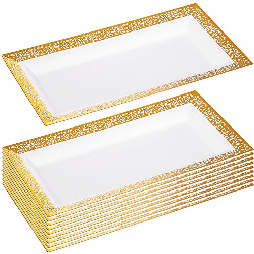 10-Pack Disposable Serving Trays - Decorative Plastic Serving Trays and Platters for Dessert Table, Buffet, Parties, Weddings, and Any Occasion - White with Gold Lace Rim, 7.5 x 14 Inches