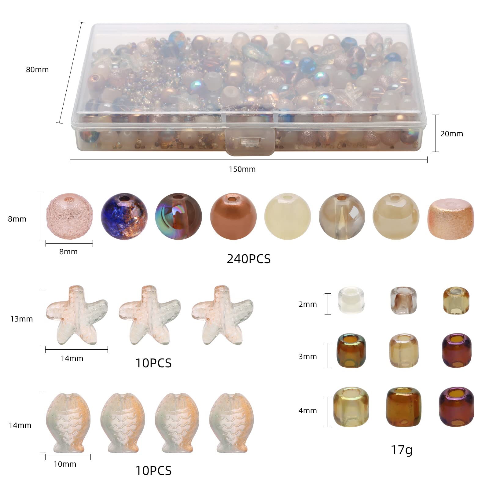 760pcs Mixed Glass Beads for Jewelry Making, 8MM Brown Assorted Round Beads, Bracelet Making Kit Including Ocean Starfish Crystal Beads and Seed Beads