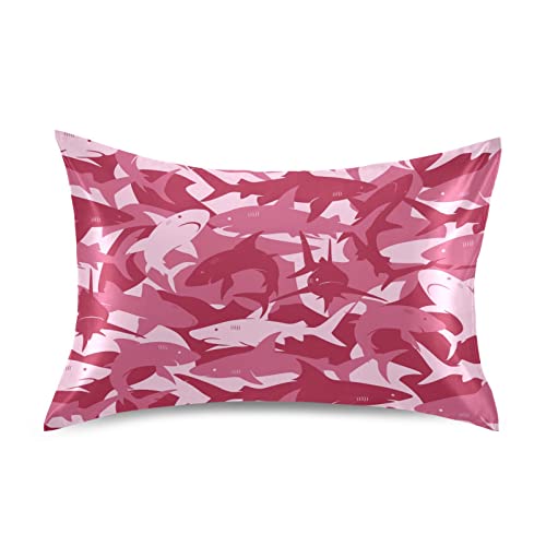 Sharks Camo Pink Pillow Covers Silk Pillowcase for Hair and Skin Soft Smooth Breathable Cooling Satin Pillowcase Standard Size Pillow Case for Bedroom Bed Sleeping (20x30 Inch)