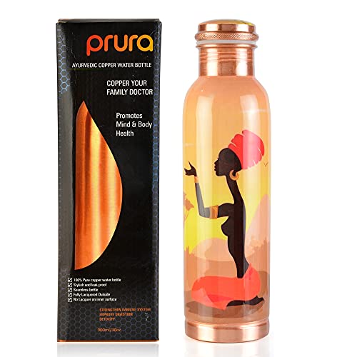 Prura Pure Printed Copper Water Bottle - Leak Proof Ayurvedic Drinkware Copper Vessel for Sports, Gym, Outdoors, Yoga, Health Benefits (30 oz)