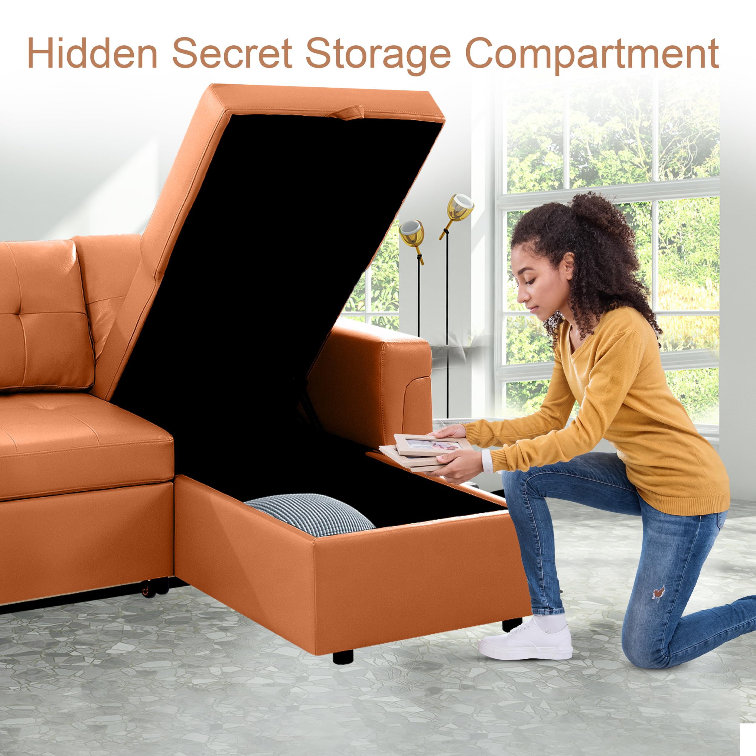 Naomi Home Transform Any Space: Sleeper Sectional Sofa with Convertible Sofa Bed & Inviting Chaise. Find Tranquil Comfort with Stress-Relieving Design & Durable Cushions - Caramel,Air Leather