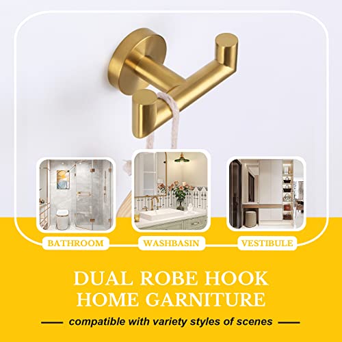APLusee Double Robe Towel Hook, 304 Stainless Steel Dual Coat Hook Hanger, Utility Bathroom Toliet Kitchen Storage Holder Gorgeous Style, Brushed Goldā¦
