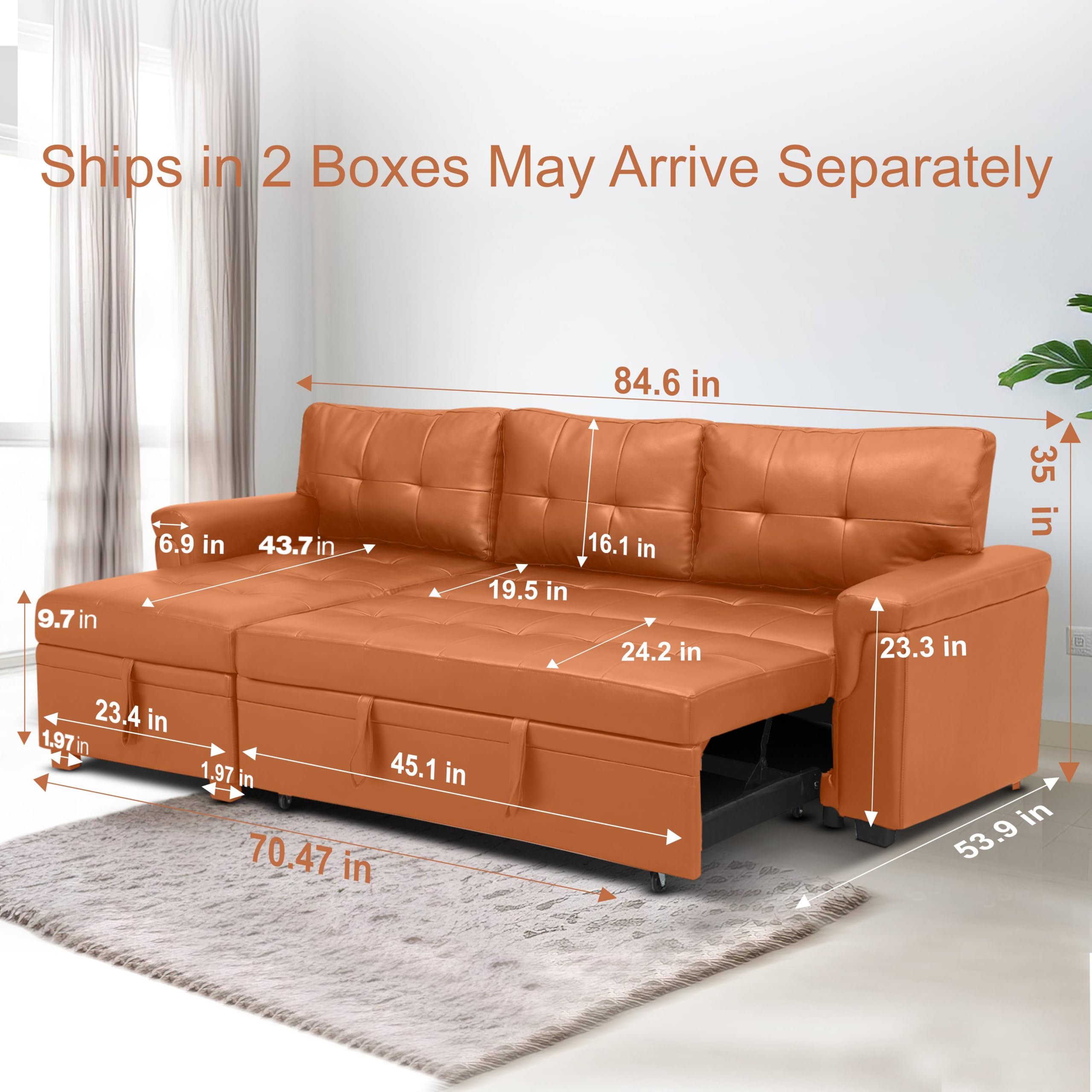 Naomi Home Transform Any Space: Sleeper Sectional Sofa with Convertible Sofa Bed & Inviting Chaise. Find Tranquil Comfort with Stress-Relieving Design & Durable Cushions - Caramel,Air Leather