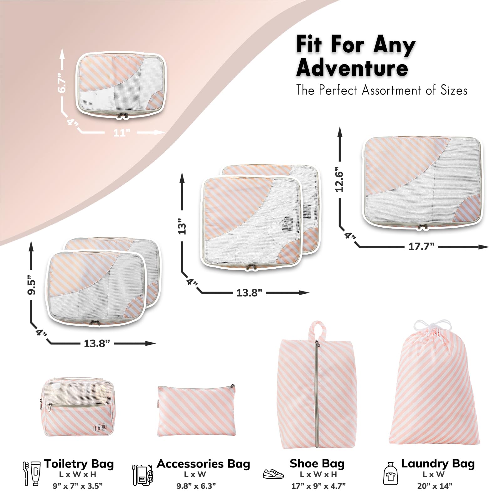 OlarHike Travel Essentials ALL INCLUDED 10 Set Sturdy Packing Cubes for Suitcases, UPGRADED Anti-Tear Stitching, NEW Improved Luggage Packing Organizers for Travel Accessories(Pink stripes)