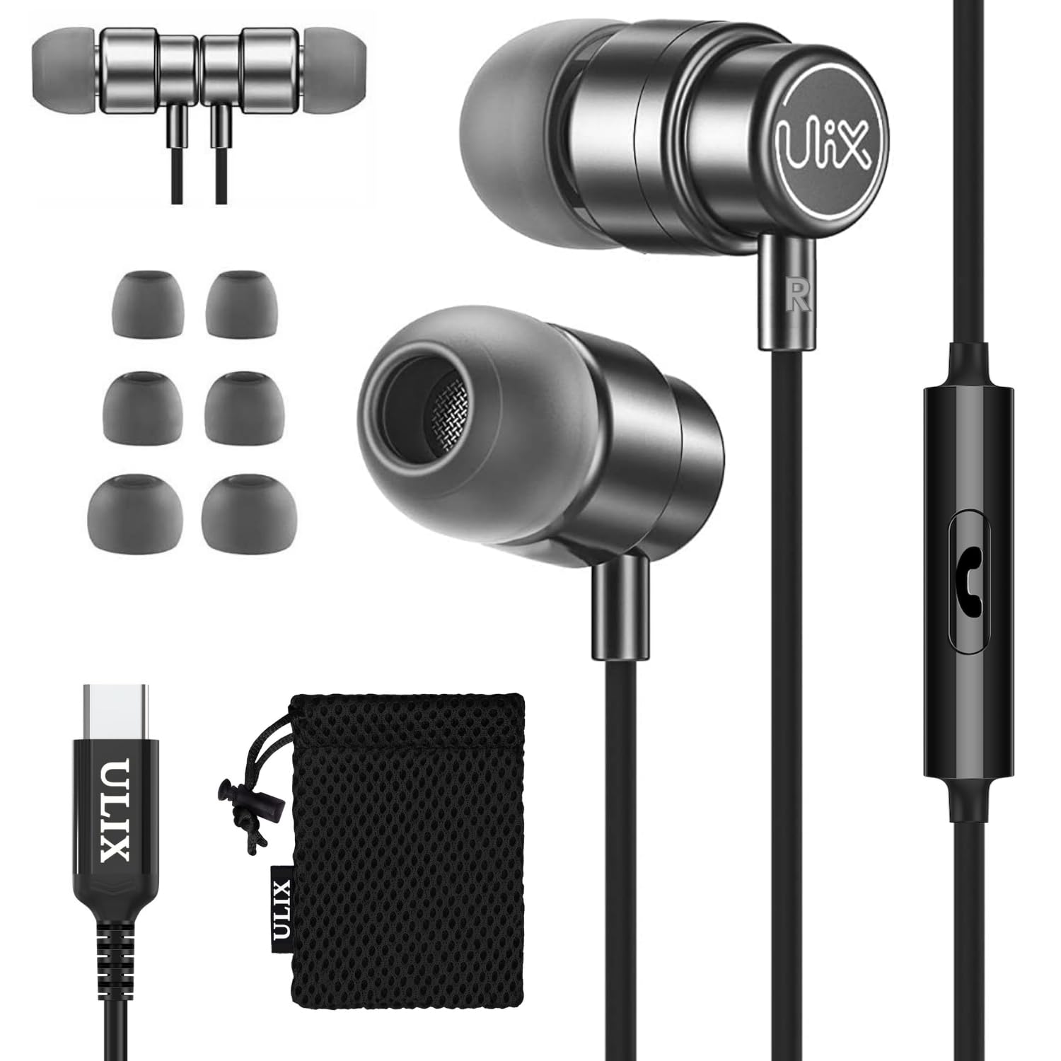 UliX Rider USB C Headphones, 5 Years Warranty, Magnetic USB-C Earbuds for iPhone 16 15 Pro Max Plus Samsung Galaxy S24 S23 Ultra S22 S21 FE S20 Z Flip 3 Fold 4 A53 A54, USB Type C Earphones - Grey