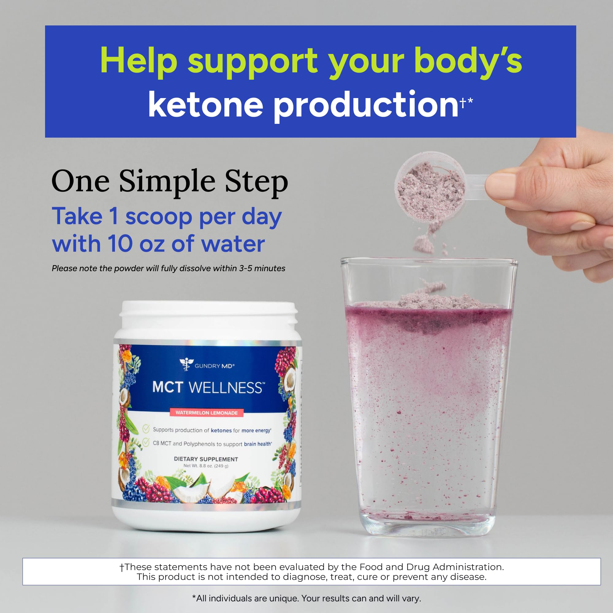 Gundry MD MCT Wellness Powder to Support Energy, Ketone Production and Brain Health, Keto Friendly, Sugar Free (30 Servings) (Watermelon Lemonade)