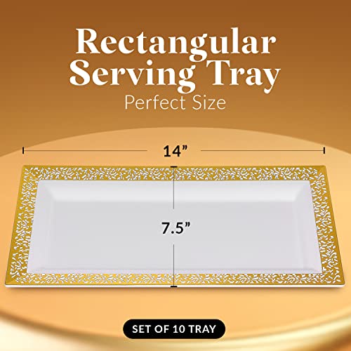 10-Pack Disposable Serving Trays - Decorative Plastic Serving Trays and Platters for Dessert Table, Buffet, Parties, Weddings, and Any Occasion - White with Gold Lace Rim, 7.5 x 14 Inches