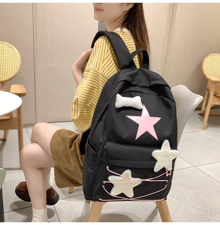 MININAI Preppy Backpack Cute Stars Pattern Korean Style Backpack Aesthetic College Backpack for Work Travel (One Size,White)