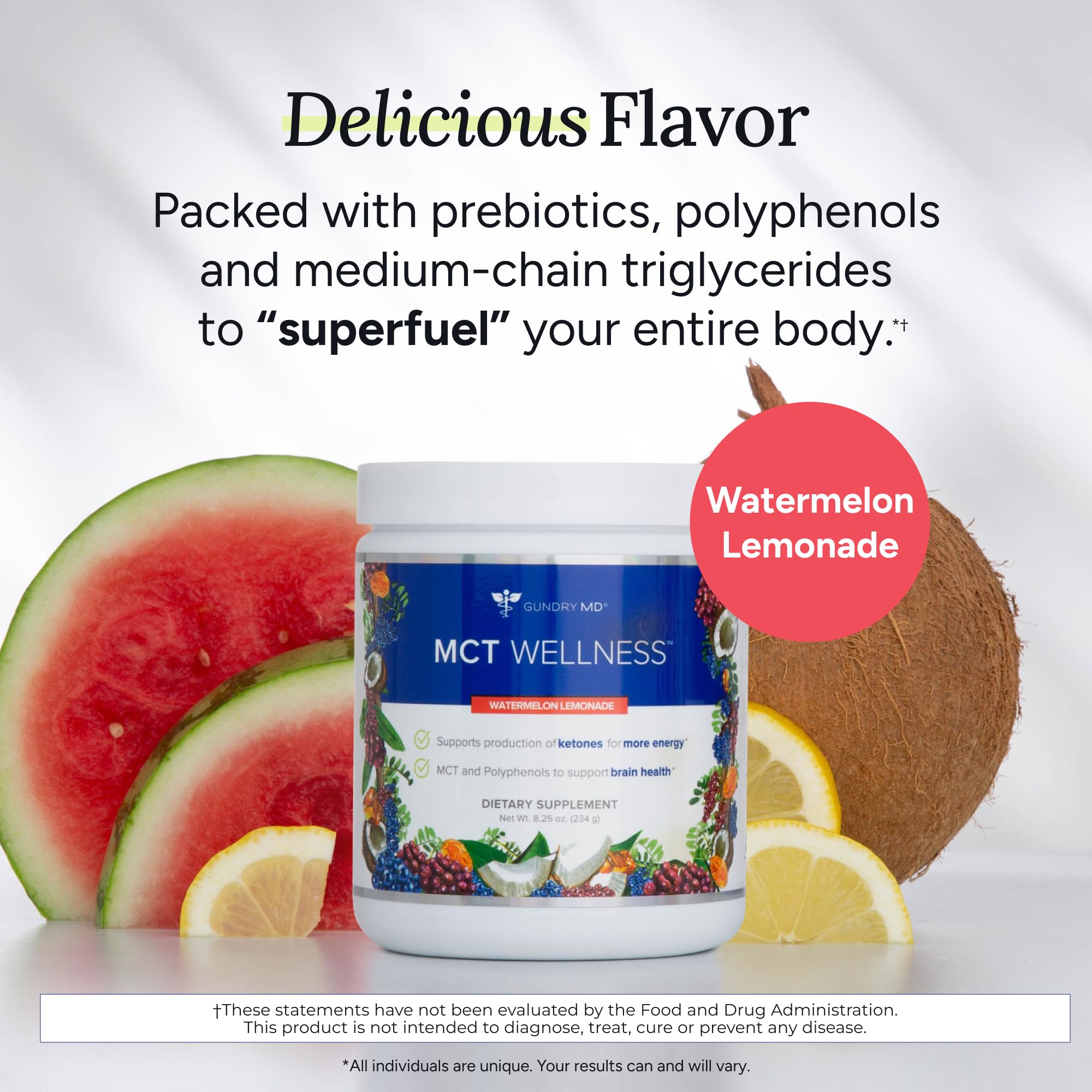 Gundry MD MCT Wellness Powder to Support Energy, Ketone Production and Brain Health, Keto Friendly, Sugar Free (30 Servings) (Watermelon Lemonade)