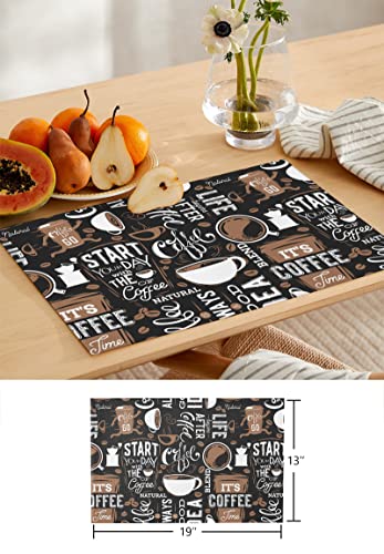 Rural Coffee Table Mats Set of 6 with Table Runner 70 Inches Long,Cotton Linen Tablerunner Burlap Kitchen Dining Placemats for Wedding/Coffee/Dress Party,Shabby Chic Esppresso Beans Cup Drinking
