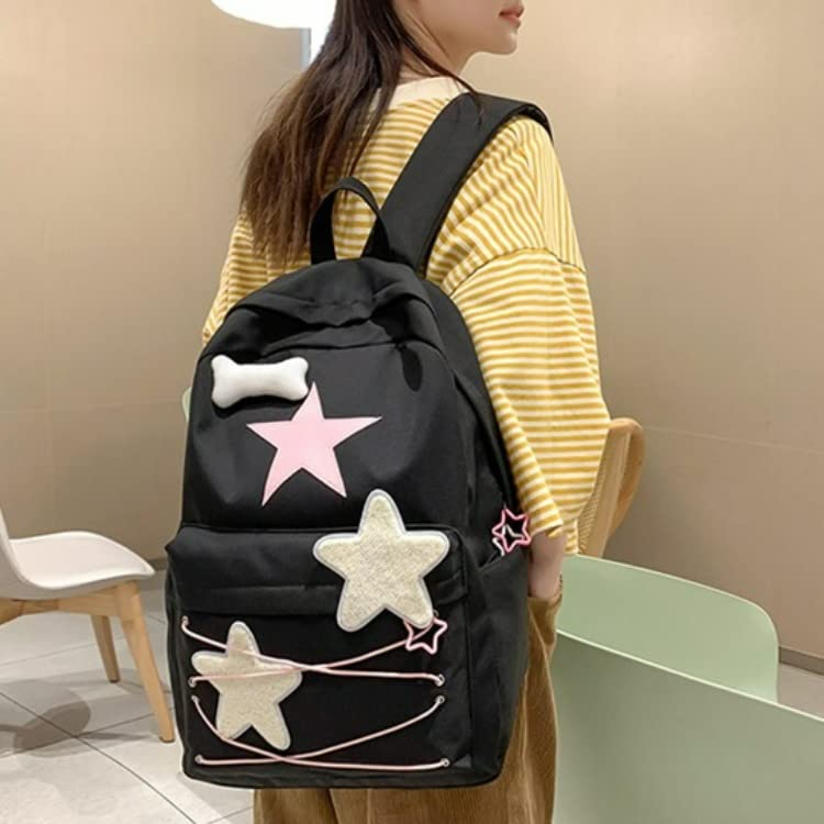 MININAI Preppy Backpack Cute Stars Pattern Korean Style Backpack Aesthetic College Backpack for Work Travel (One Size,White)