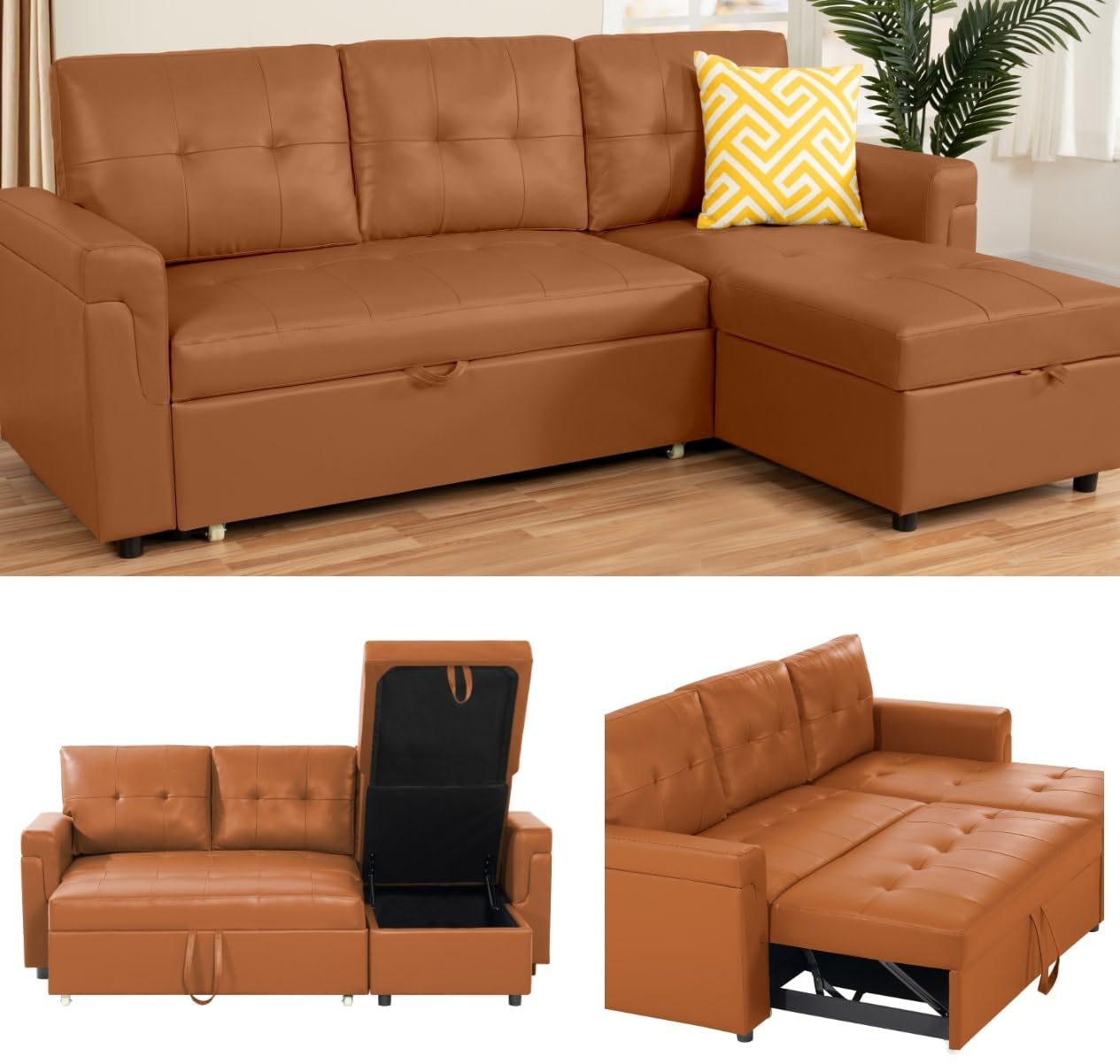 Naomi Home Transform Any Space: Sleeper Sectional Sofa with Convertible Sofa Bed & Inviting Chaise. Find Tranquil Comfort with Stress-Relieving Design & Durable Cushions - Caramel,Air Leather