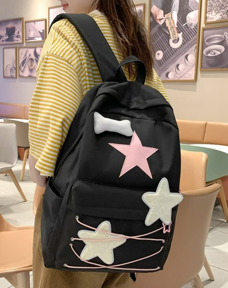 MININAI Preppy Backpack Cute Stars Pattern Korean Style Backpack Aesthetic College Backpack for Work Travel (One Size,White)