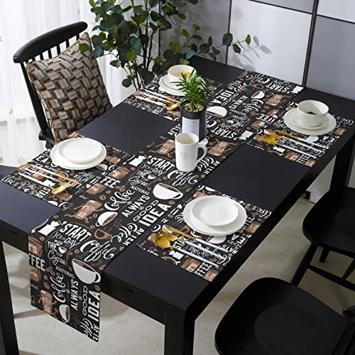 Rural Coffee Table Mats Set of 6 with Table Runner 70 Inches Long,Cotton Linen Tablerunner Burlap Kitchen Dining Placemats for Wedding/Coffee/Dress Party,Shabby Chic Esppresso Beans Cup Drinking