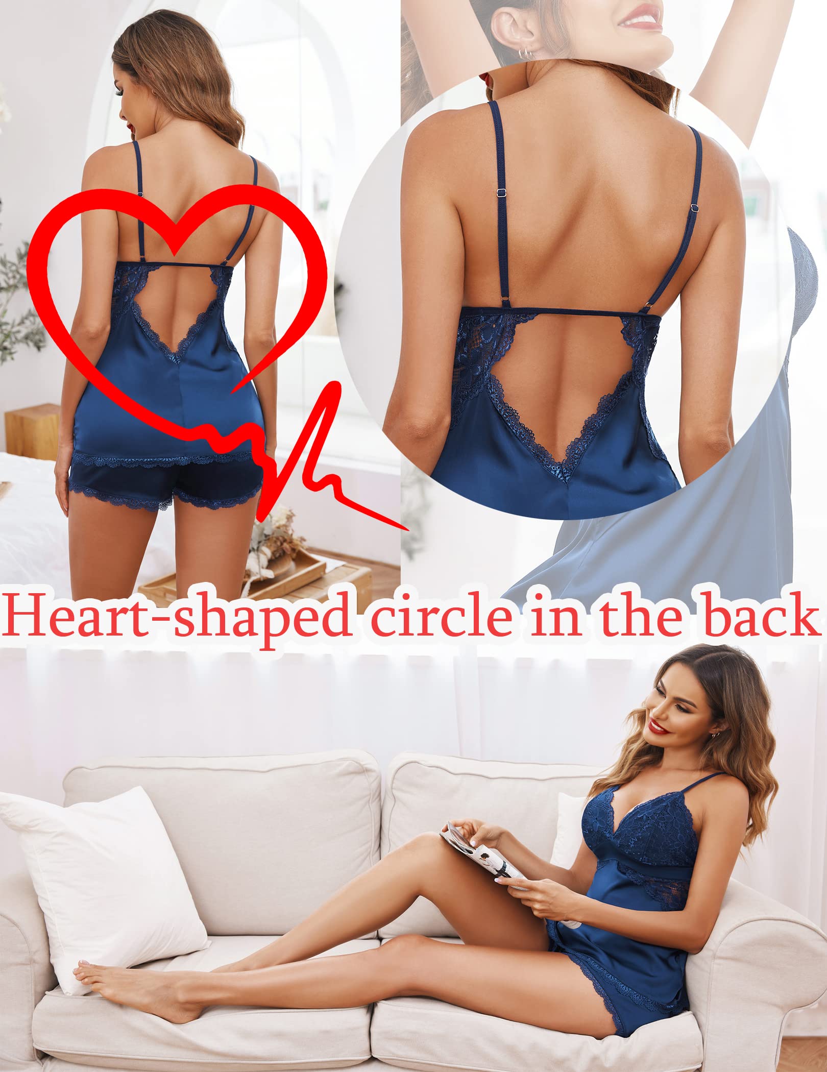 Avidlove Pjs Set for Women Sexy Lingerie Satin Pajamas Cami Shorts Set Nightwear Navy Blue