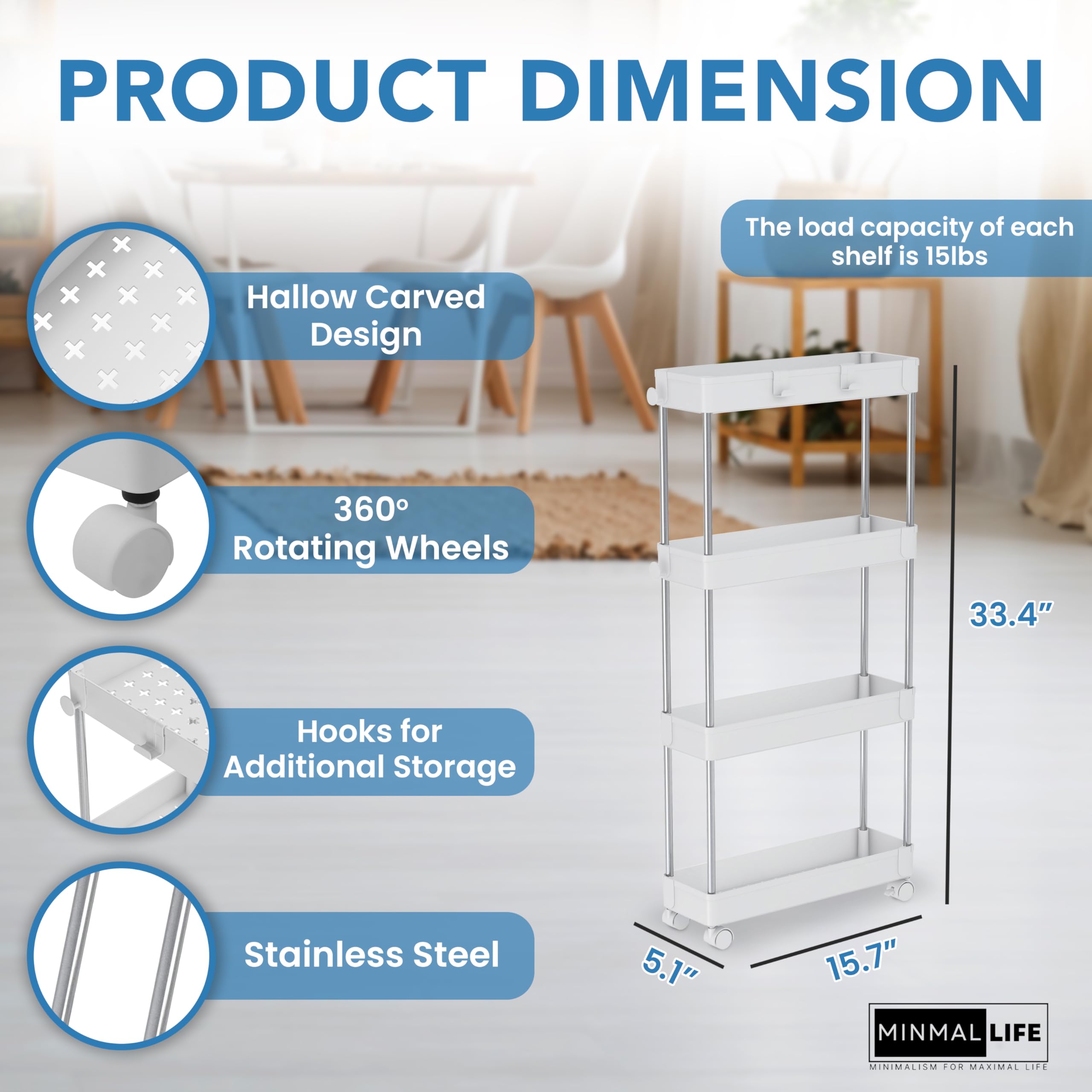 Minmallife MINMALLIFE 4 Tier Slim Rolling Cart - Slim Rolling Storage Cart - Slim Storage Cart with Wheels - Skinny Rolling Storage Cart - Slim Rolling Cart Space Saver, 40x13x85 cm