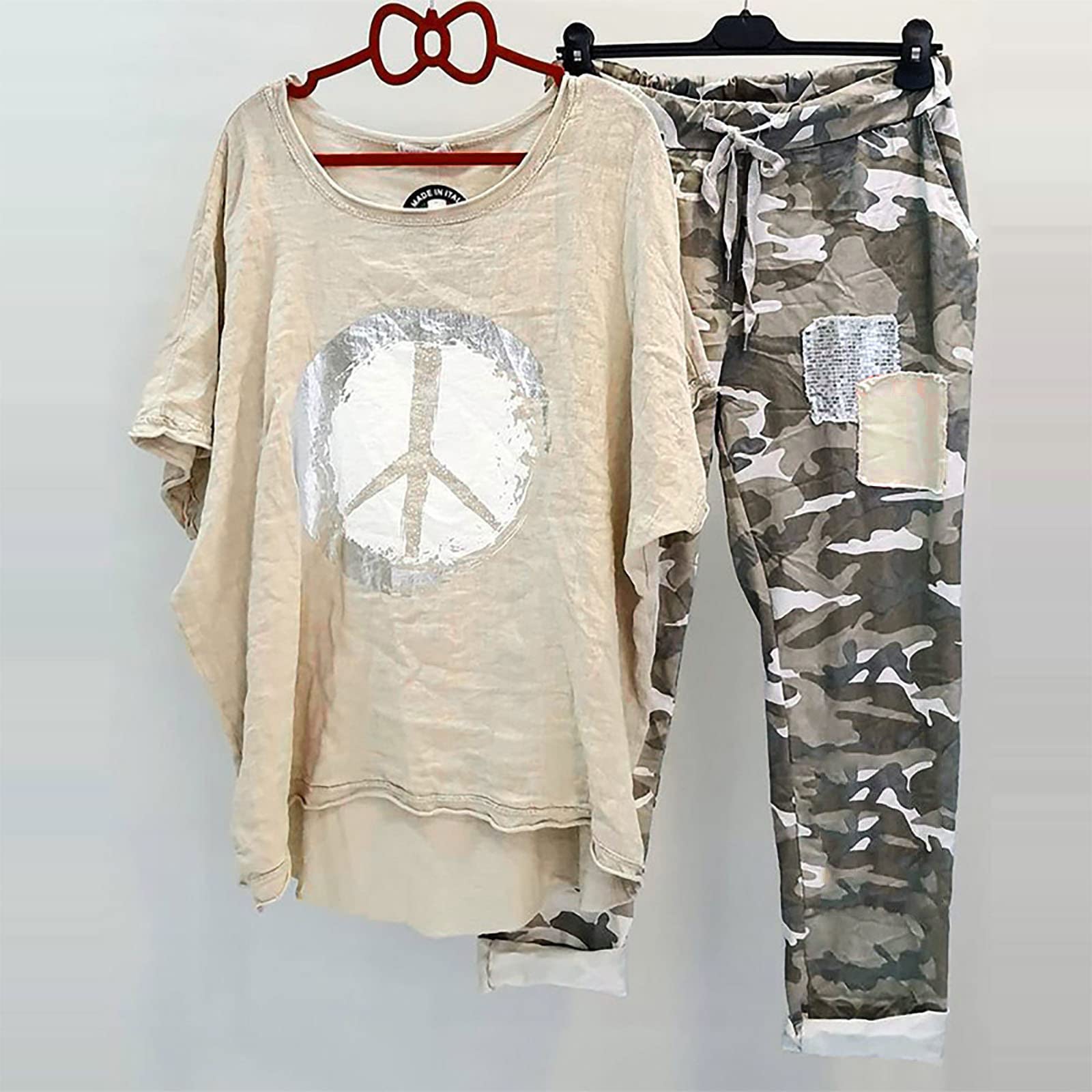 Buy Again 2 Piece Outfits for Women Cotton Linen Sets Plus Size Casual Loose Fit Tops Drawstring Camo Pants Tracksuit Set
