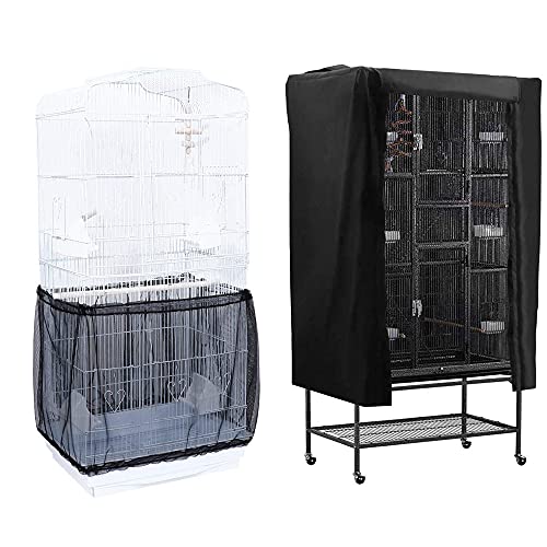 POPETPOP Mesh Birds Cage Seed Catcher + Universal Washable Bird Cage Cover (Black)